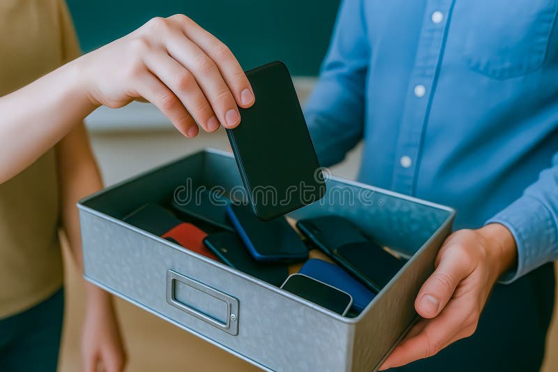 Close-up of a Student Placing a Smartphone into a Collection Box Held ...