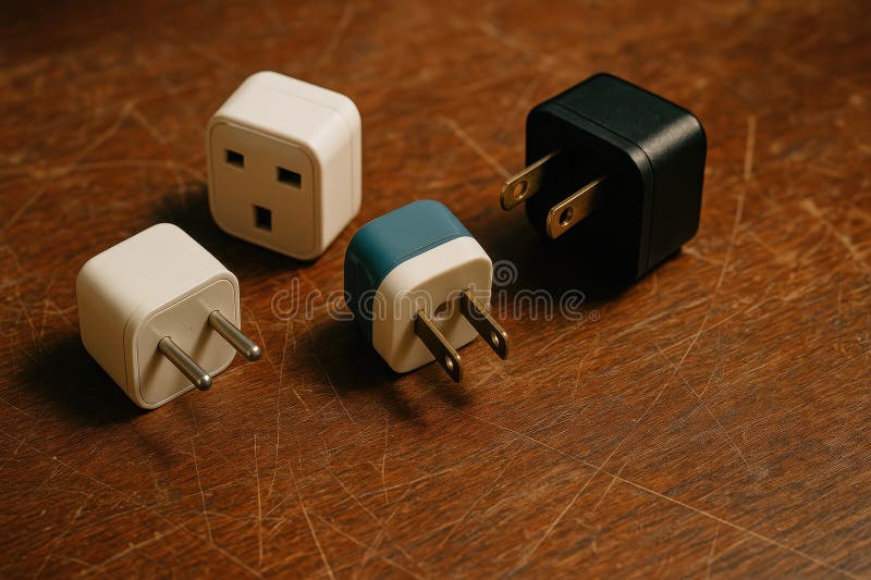 International Power Adapters on Wood Table. Global Travel Plug Types ...