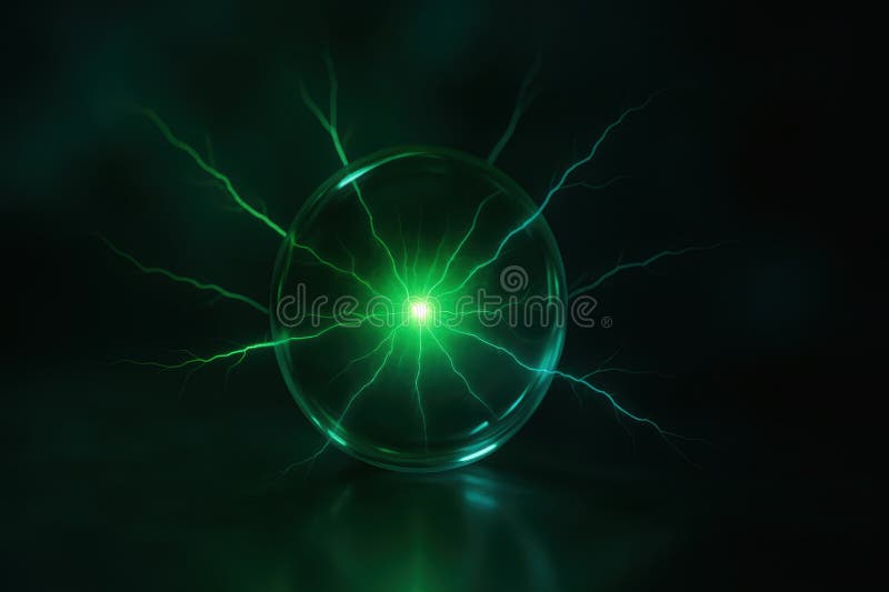 Green Electric Sphere. Energy Orb Emitting Light and Plasma Filaments ...