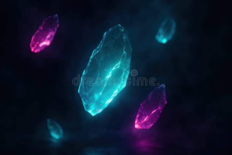 Floating Neon Crystals. Glowing Abstract Minerals in Digital 3D Render ...
