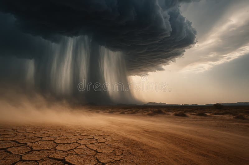 Heavy Rainfall from Storm Cloud. Vertical Shafts of Rain Hit Cracked ...