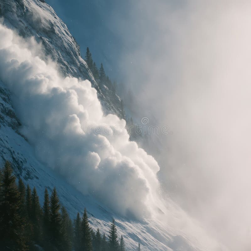 Avalanche Descending Snowy Slope. Snow Mass Slides Past Pine Trees ...