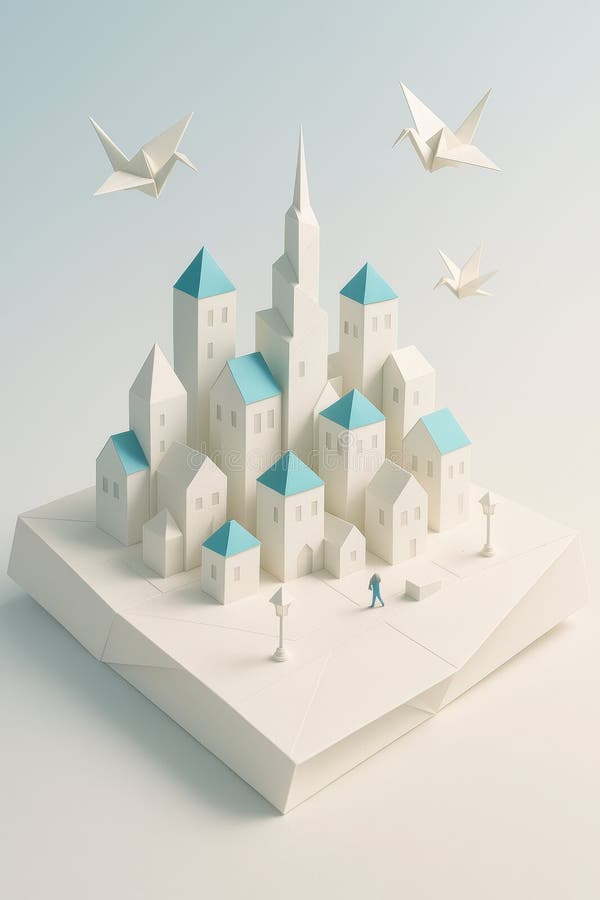 Origami Paper City with Birds. Artistic Papercraft Miniature Stock ...