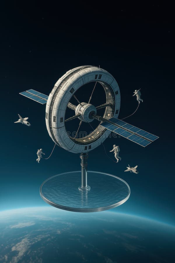 Astronauts Floating Near Circular Space Station Above Earth. Miniature Scene Stock Illustration ...