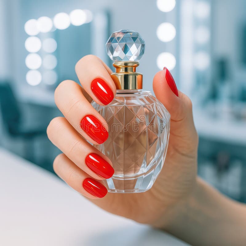 Red Manicure Hand Holding Crystal Perfume Bottle Stock Illustration ...