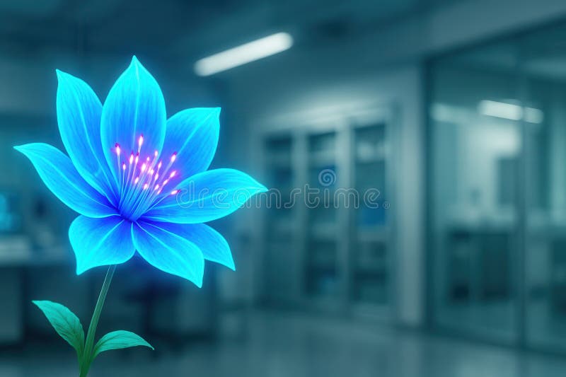 Neon Blue Lotus. Laboratory Background. Futuristic Floral Concept Stock ...