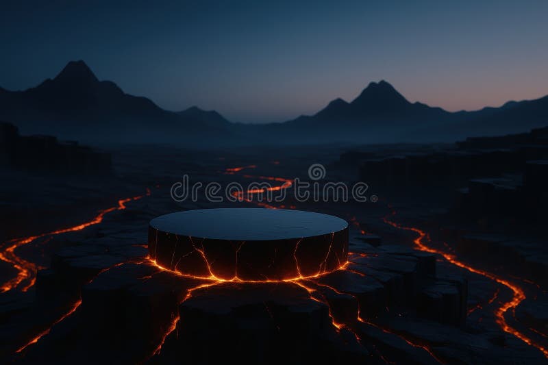 Dark Volcanic Platform with Cracks of Lava. Geometric Cylinder in ...