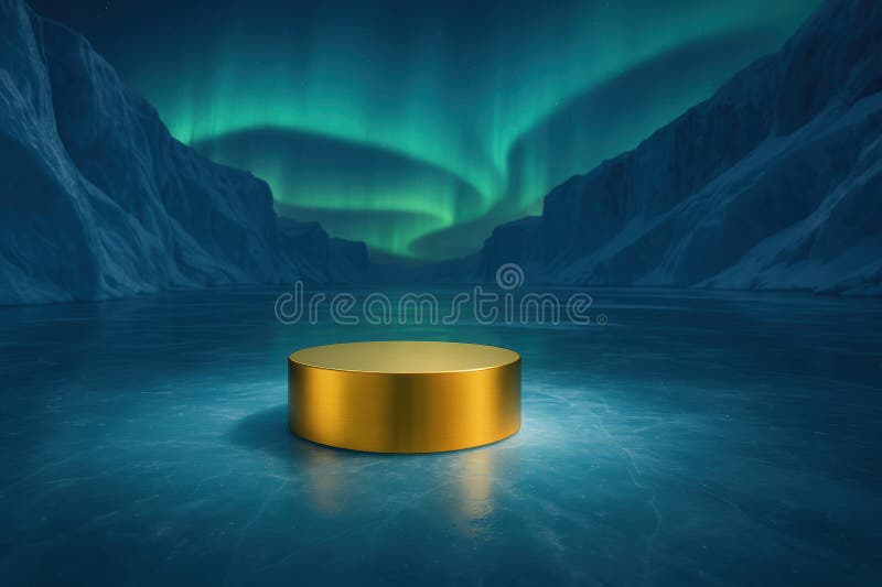 Golden Platform on Frozen Lake Under Northern Lights. Magical Metallic ...