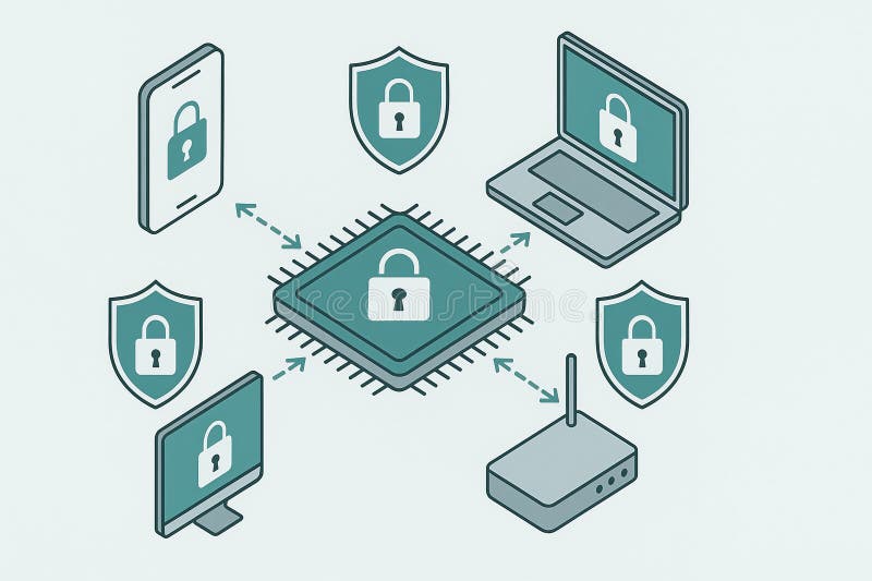 Flat Network Security Illustration with Microchip, Devices, Shield Icons and Locks Stock ...