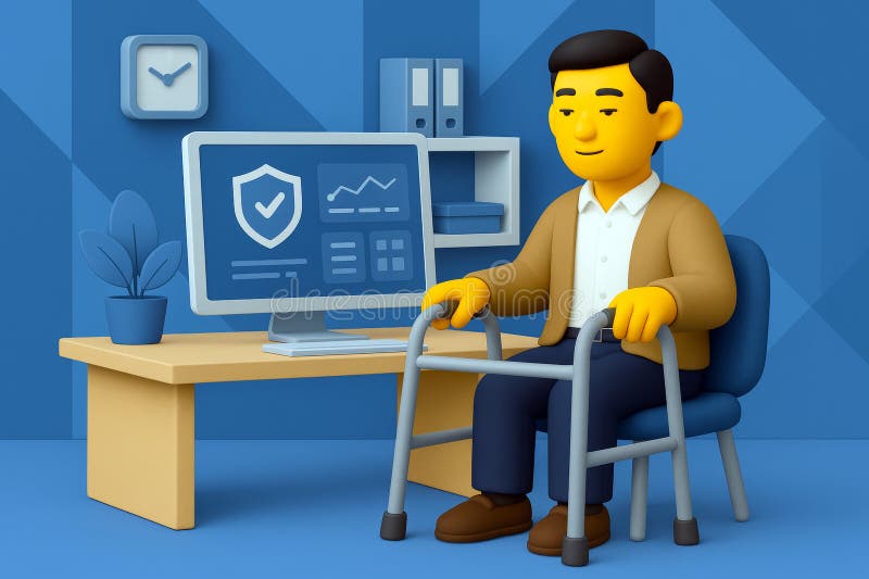 3D Illustration of a Middle-aged Asian Tech Specialist Using a Walker ...