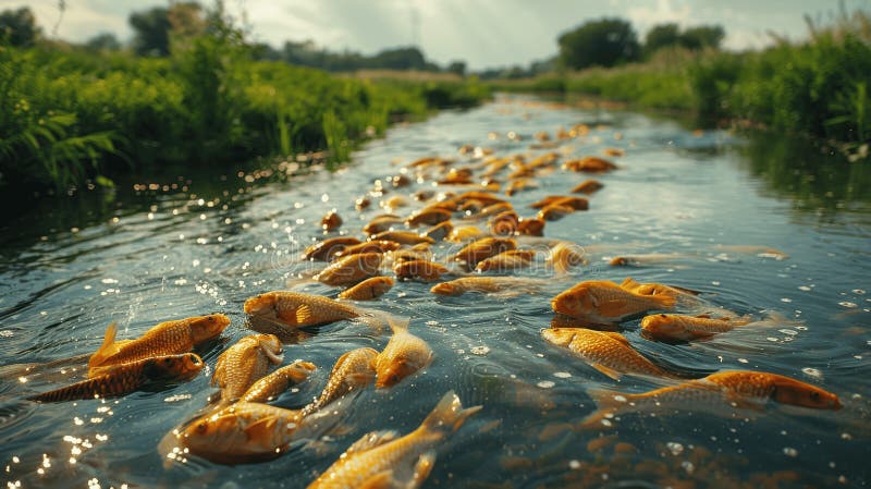 Image of Polluted River with Dead Fish Floating on Surface Surrounded ...