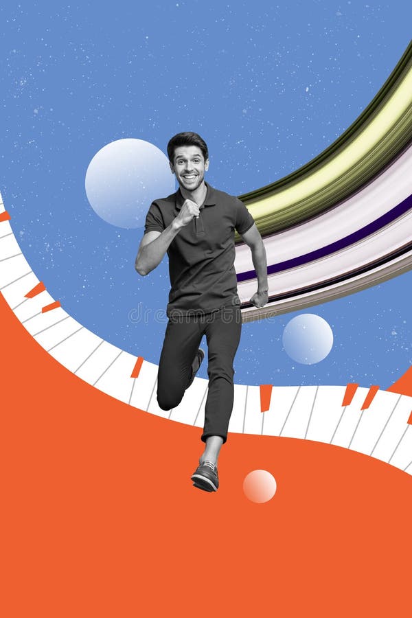 Image Pop Collage of Person Run Fast with Flowing Lines Piano Keys on ...