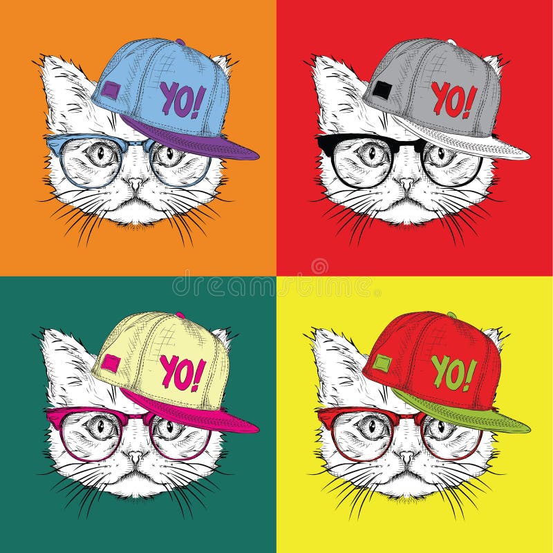 Image Portrait of a Cat in a Baseball Cap with Glasses. Pop Art Style ...