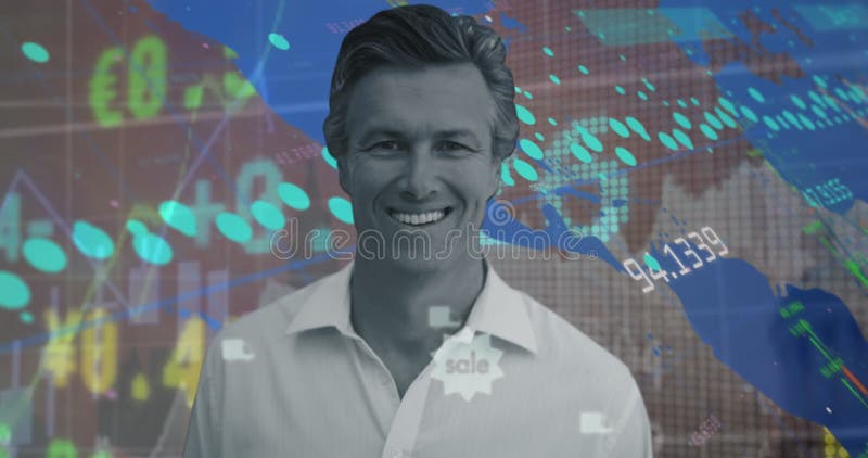 Image of Portrait of Smiling Caucasian Man Over Moving Trading Board ...