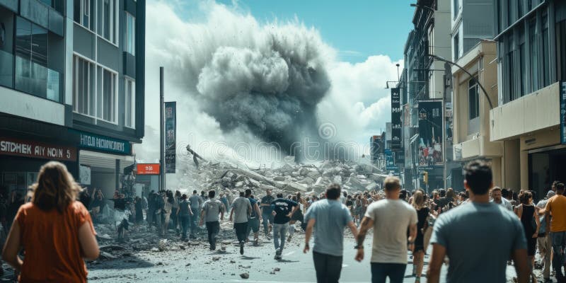 A Chaotic Scene after a Disaster Has Struck a City. People Walk through ...
