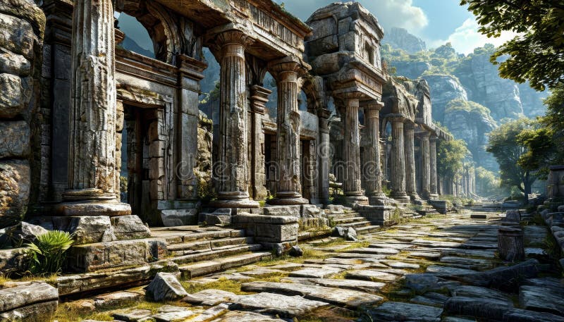 The Image Portrays an Ancient, Overgrown Temple with Majestic Stone ...