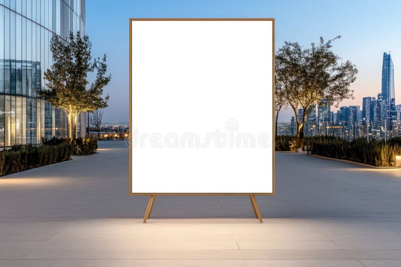 Nighttime Blank Vertical Billboard Stand on Sidewalk for Advertising ...