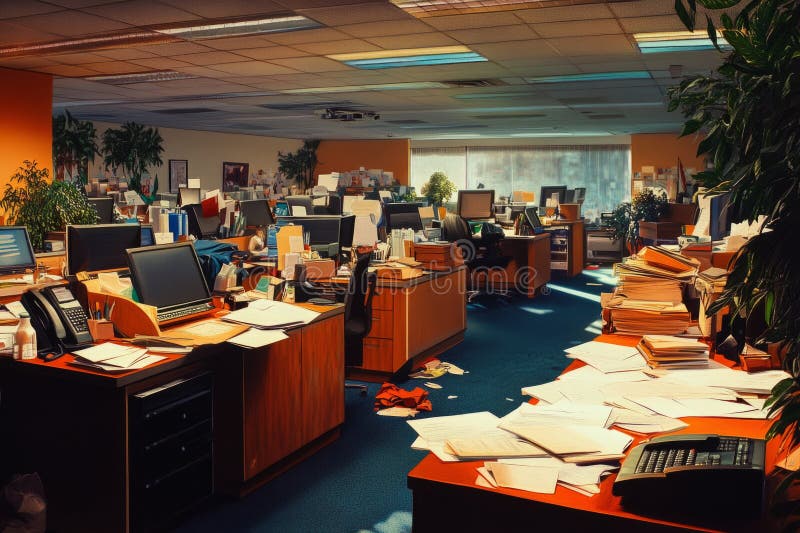 A Bustling Office Space Filled with Paper Clutter and Computers. this ...