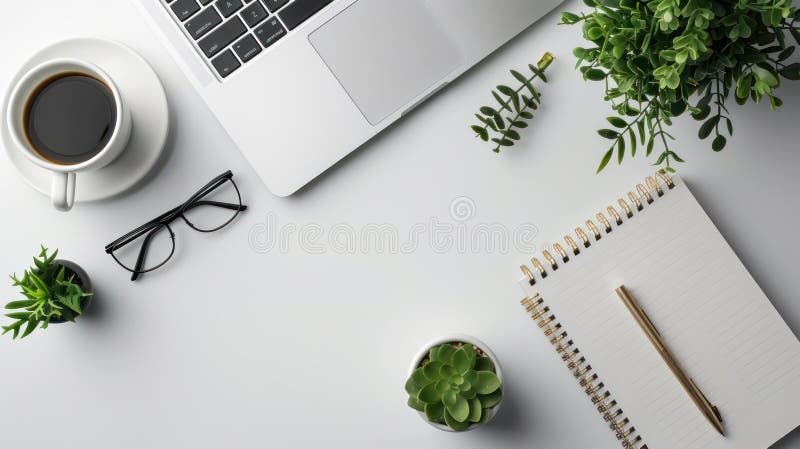Clean Workspace with Laptop, Notepad, and Pen on White Background Stock ...