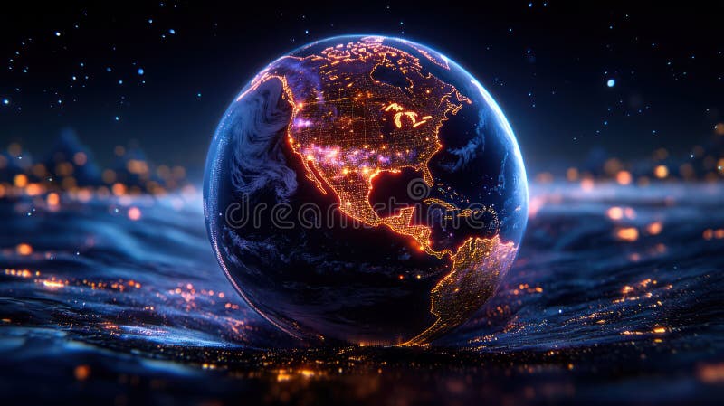 Global Connectivity: Earth Globe and Digital World with Data Blocks and ...