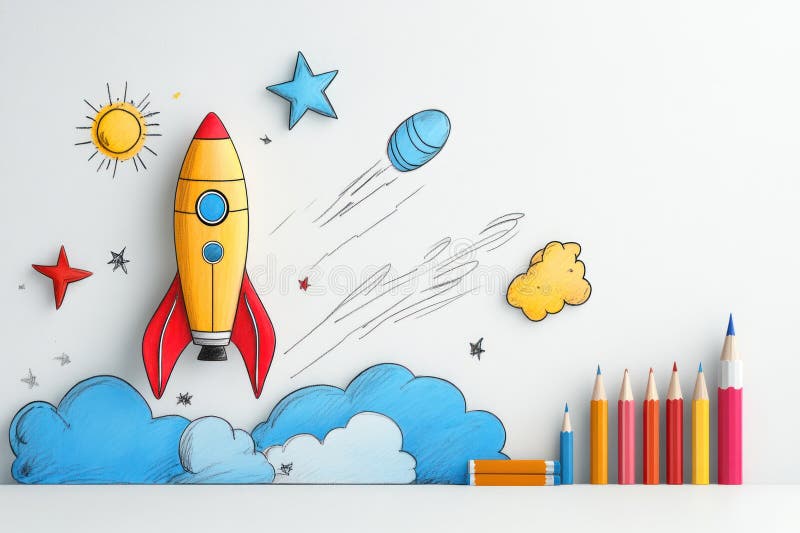 Startup Rocket Drawing with School Supplies on Table Stock Illustration ...