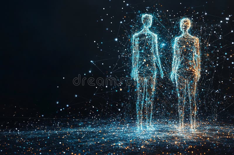 Two Glowing Figures Connected by Light a Digital Embrace Stock ...