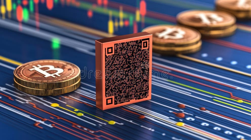 Digital Payment Concept: QR Code and Coins on Blue Background Stock ...