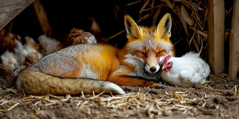 A Serene Moment Captures a Fox Peacefully Sleeping beside a Hen. this ...