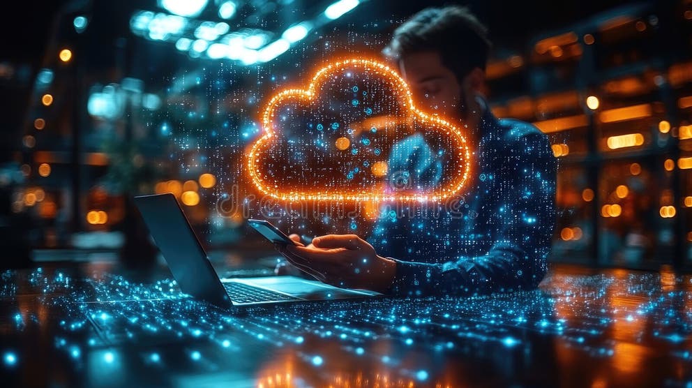 Futuristic Cloud Computing Concept with Man Using Laptop and Mobile ...