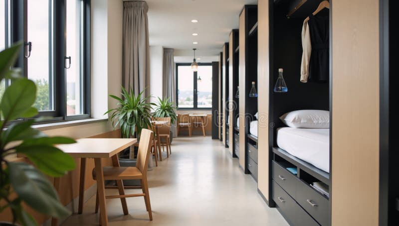 Image Portrays a Hostel Hallway Showcasing Dormitory Rooms and ...