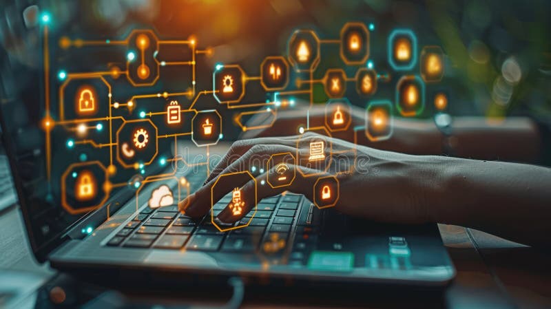 Secure Typing: Human Hands on Laptop Keyboard with Cyber Security Icons ...
