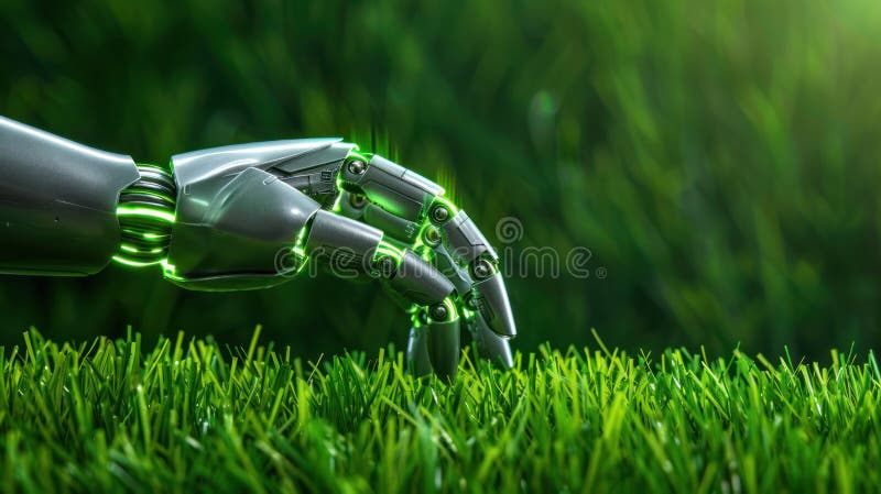 Nature Meets Technology: Human Hand Touching Robotic Hand on Green ...