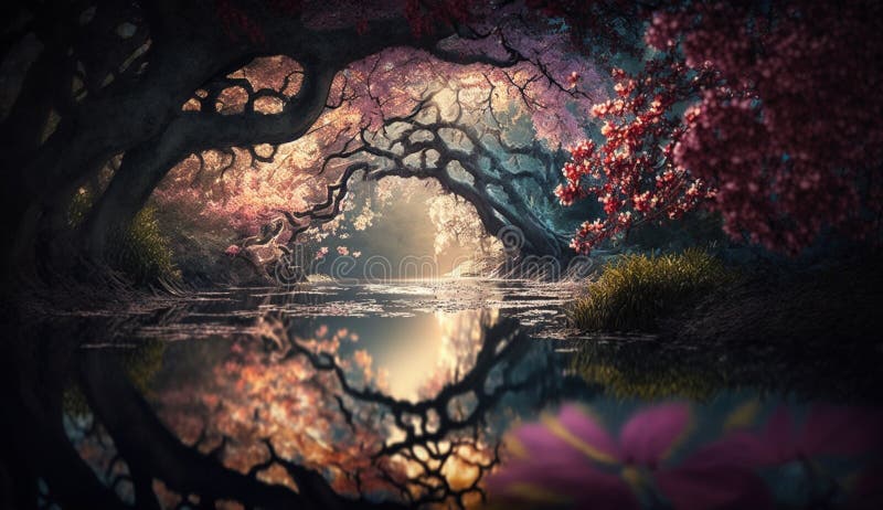 Blooming Spring in the Lake Stock Illustration - Illustration of ...
