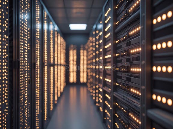 Server Room, Data Center. a View Down a Modern Server Room Aisle with ...