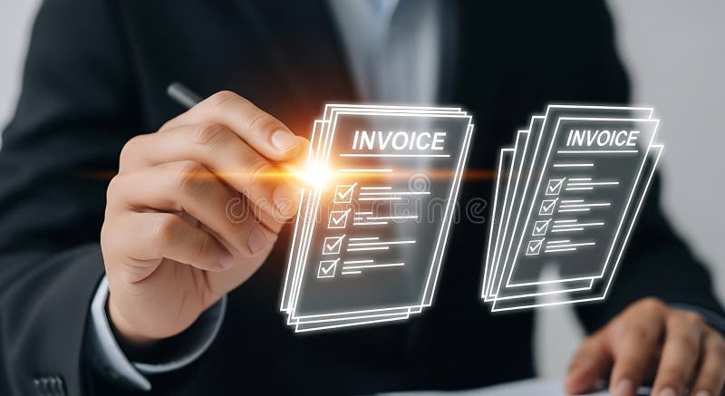 Man in Suit Approving Invoice with Glowing Pen Checkmarks Illustrating ...