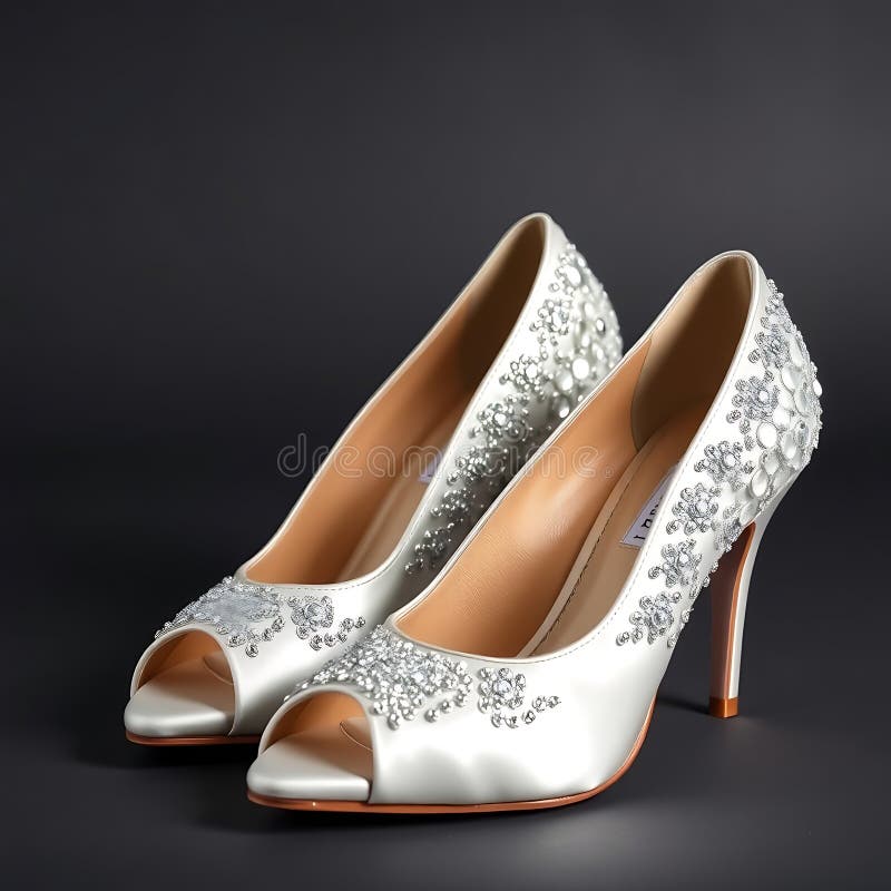 A Pair of Elegant Evening Shoes with Silver Sequins and a Satin Finish ...