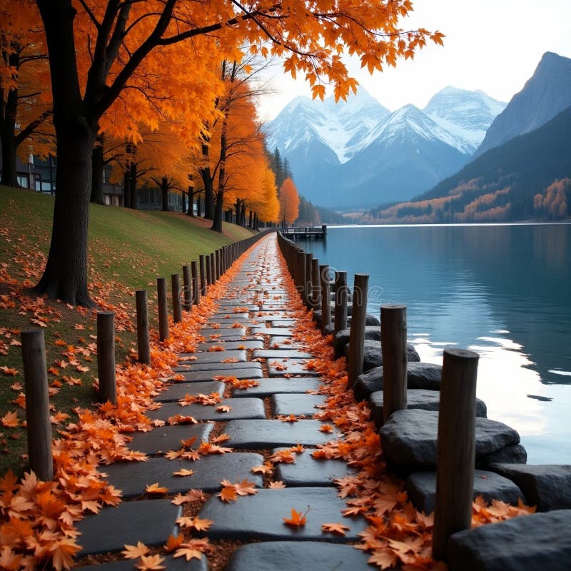 Autumn Path by the Lake stock illustration. Illustration of leaves ...