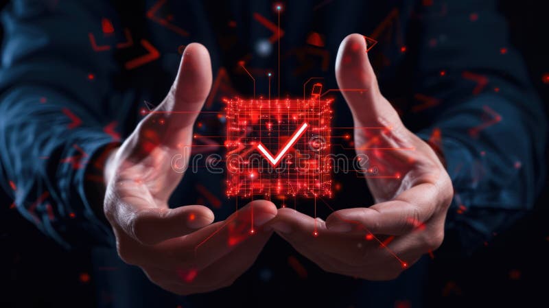 Digital Document Approval: Hands Interact with Checkmark Icon on Dark ...