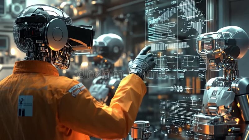 A Futuristic Robot Engaged in Virtual Reality. the Scene Reflects ...