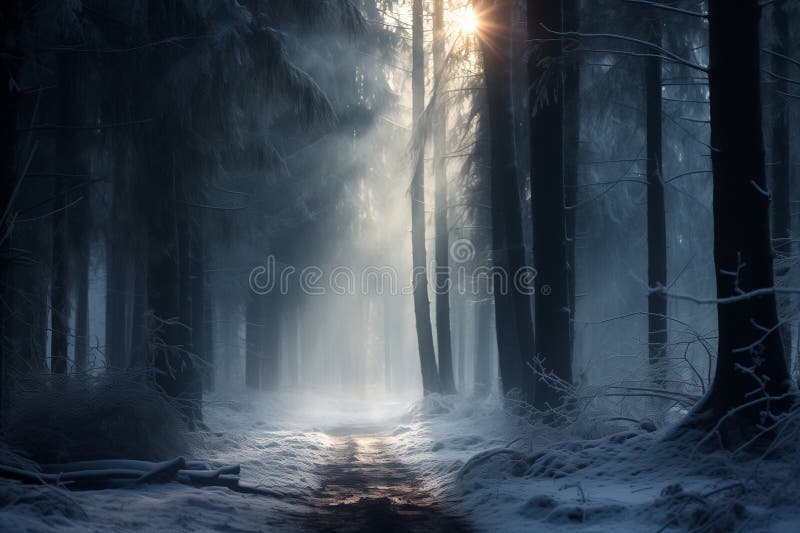 Scary Darkness of Winter Winter Forest, Night Scene Stock Illustration ...
