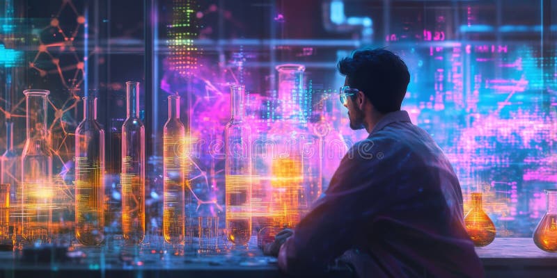 A Scientist Watches Colorful Data Visualizations in a High-tech Lab ...