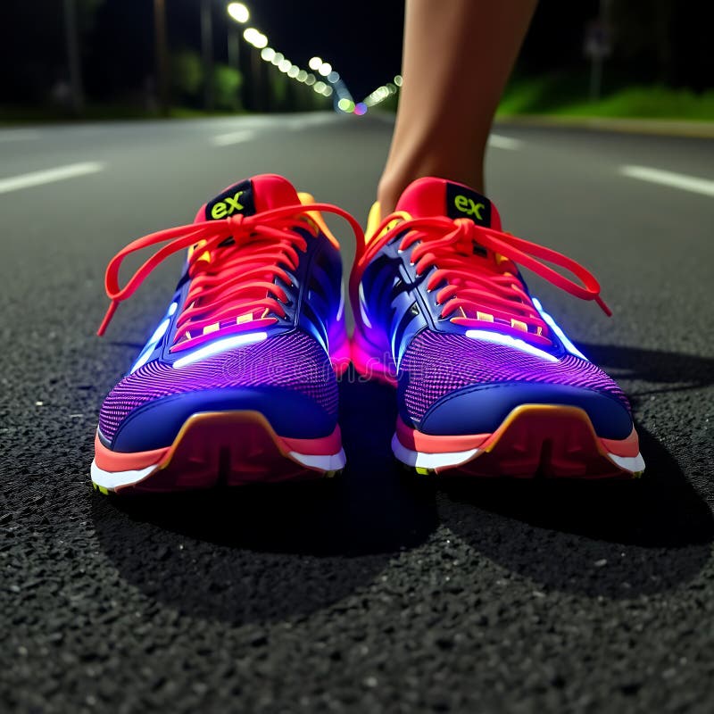 A Set of Bright Colored Running Shoes with Reflective Strips for ...