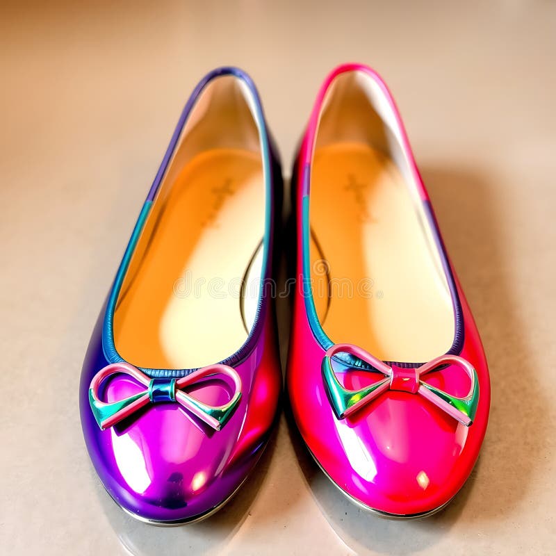 A Set of Colorful Ballet Flats with a Shiny Finish and Decorative Bow ...