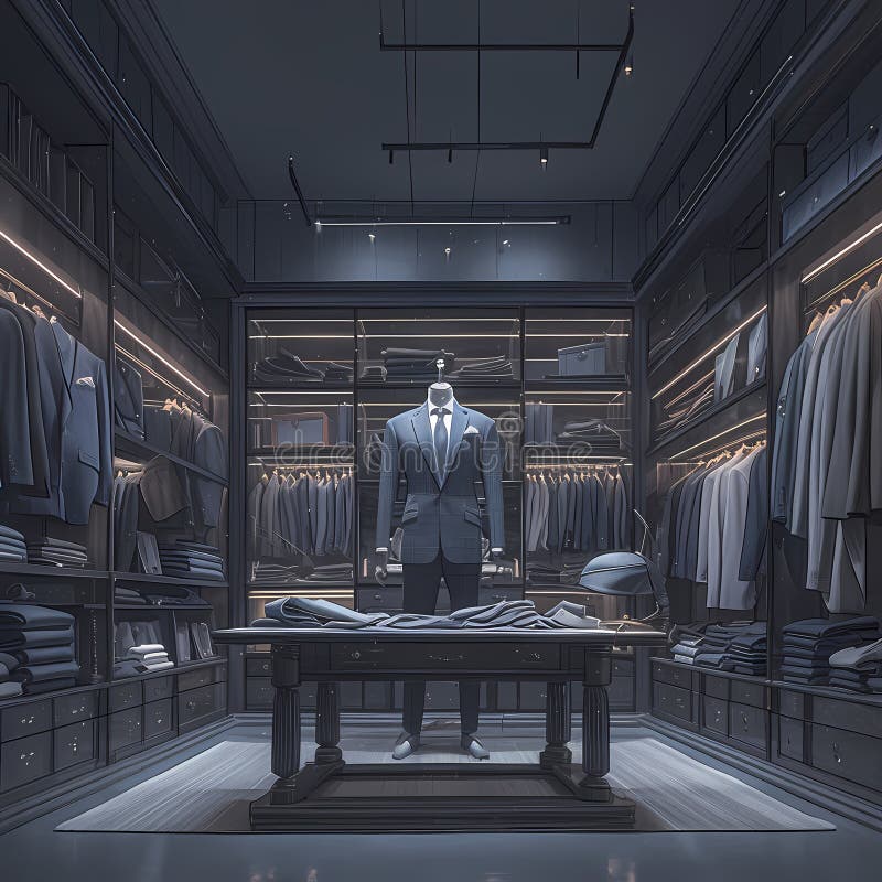 Elegant Fitting Room with Suits and Mannequins Stock Illustration ...