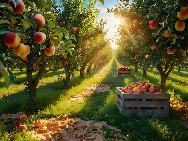 The Image Portrays a Sun-drenched Orchard, Where Rows of Fruit-laden ...