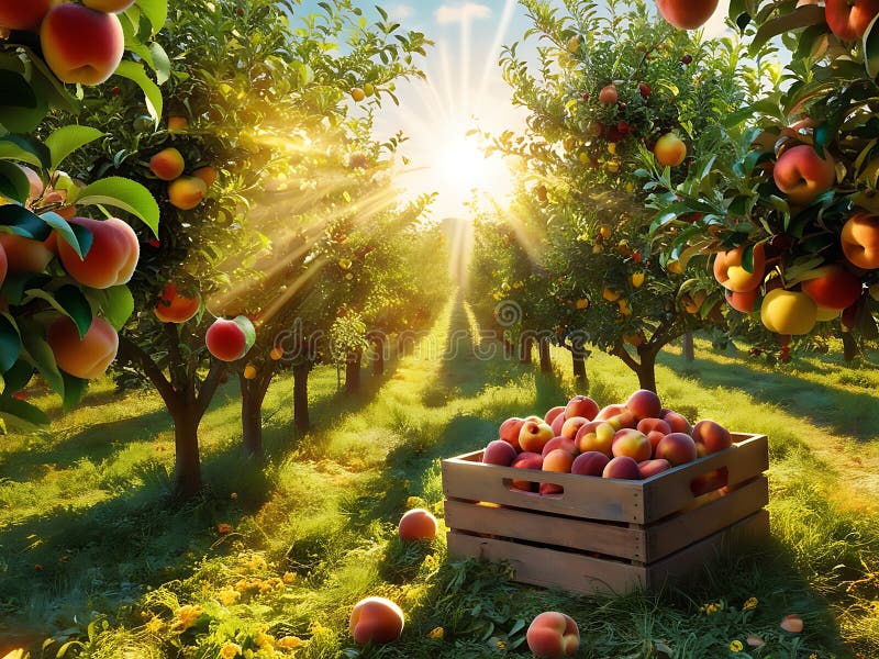 The Image Portrays a Sun-drenched Orchard, Where Rows of Fruit-laden ...