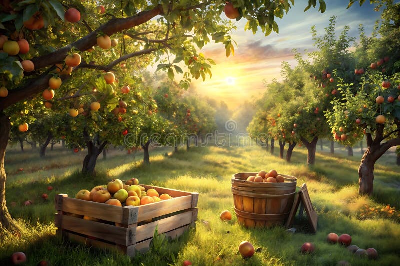 The Image Portrays a Sun-drenched Orchard, Where Rows of Fruit-laden ...