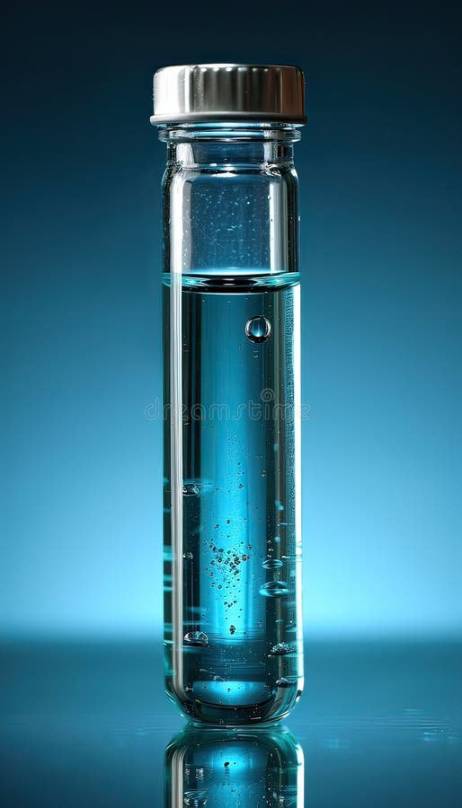 In the Test Tube, There is Blue Liquid and a Silver Cap on Top of it ...