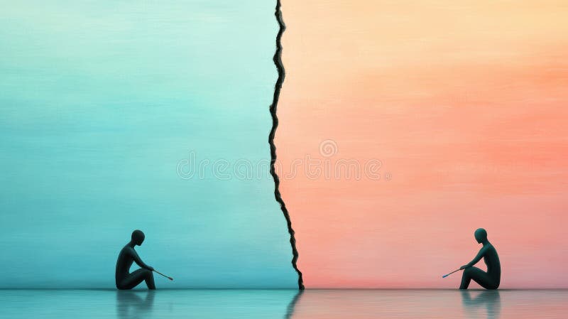 Two Figures Sit Apart, Divided by a Jagged Crack on a Pastel Background ...