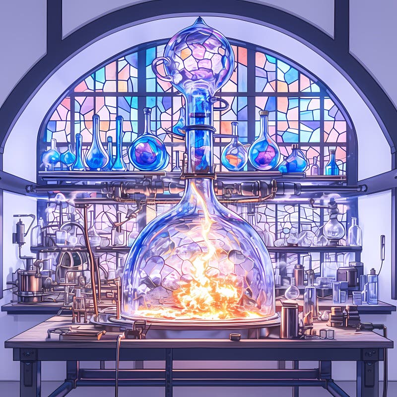 Bright Chemistry Lab with Glass Vases on Shelves Stock Illustration ...